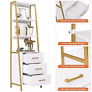 HITHOS 4-Tier Bookshelf, Tall Bookcase with 3 Wooden Drawers, Modern Ladder Book Shlef Storage Organizer for Living Room, Entryway, Office, White Gold