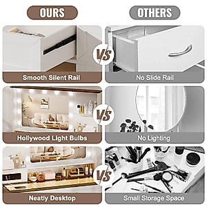 MIIFUNY Farmhouse Makeup Vanity Desk with Mirror and Lights, 42" Glass Top Vanity with Charging Station, Rustic Vanity Table Set with 2 Drawers & Shelves & Cabinet, Dressing Table for Bedroom, White