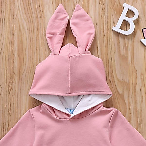 Newborn Baby Boys Girls Bunny Hooded One Piece Romper Easter Rabbit Ears Long Sleeves Jumpsuit with Pocket (Pink, 6-12m)