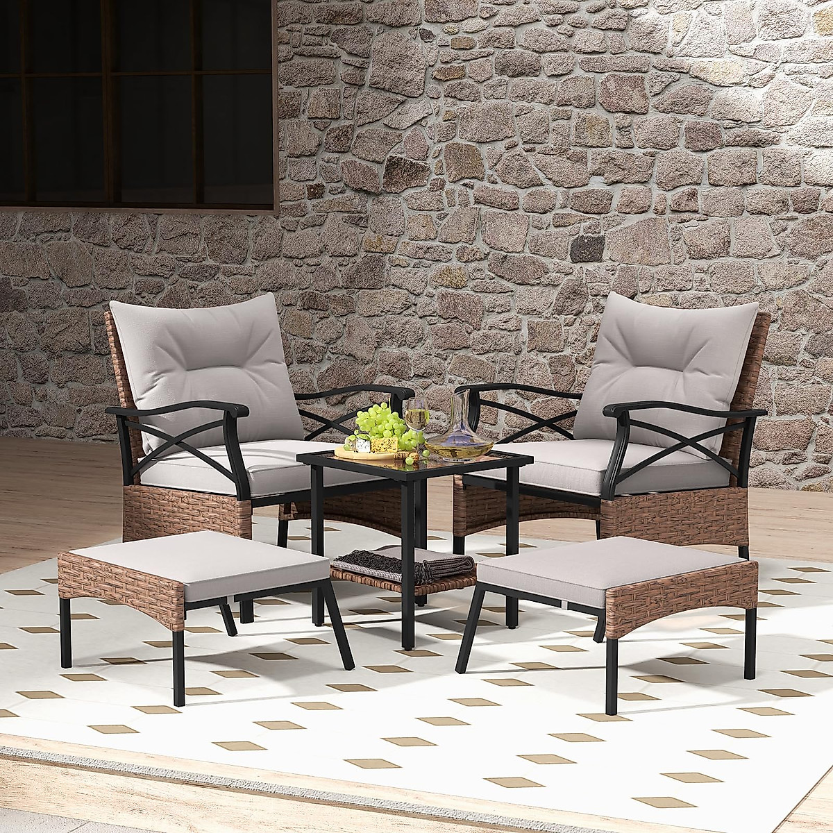 Tangkula 5 Pieces Wicker Patio Furniture Set, Outdoor Rattan Chairs with Ottomans, Cushions and 2-Tier Tempered Glass Side Table, Patio Conversation Bistro Set for Garden, Porch, Balcony