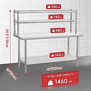 Garvee Stainless Steel Table with Overshelves, 36" X 24" Commercial Work Table with 36" X 12" Shelf, Metal Kitchen Prep Table & Shelving Combo