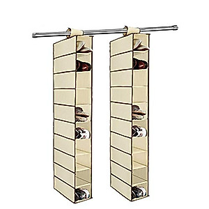 TSY TOOL 2 Pack 10 Shelves compartments Fabric Hanging Closet Shoe Storage Organizer, for Shoes, Handbags, Clutches , Accessories & Clothing , Hangs Over The Closet Rod , 6 x 12 x 47 inch