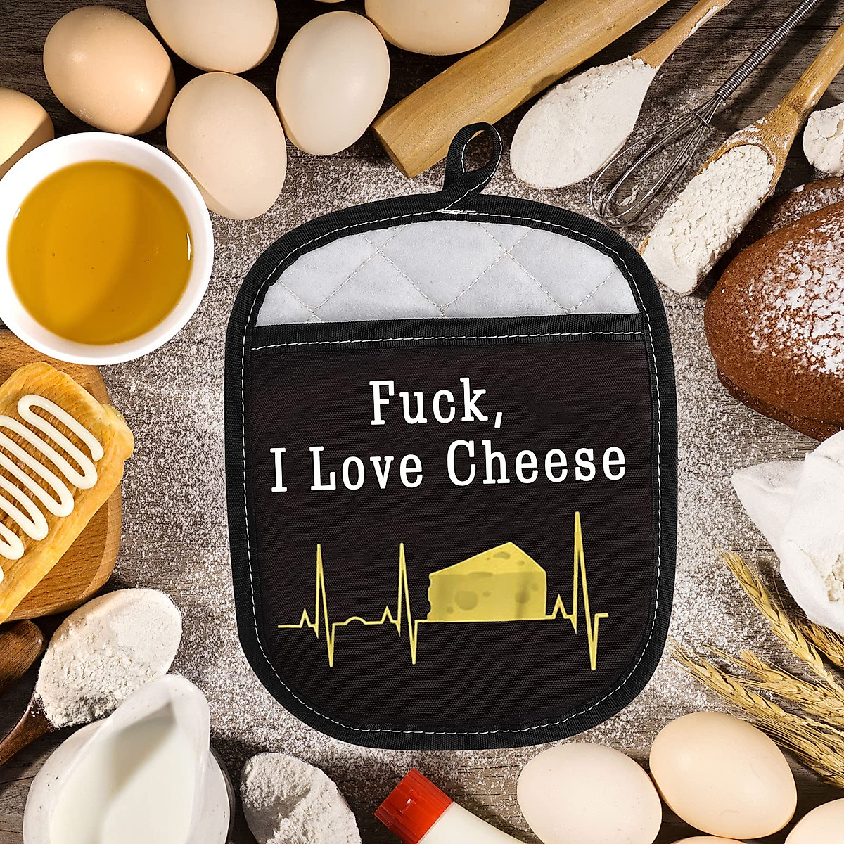 LEVLO Funny Oven Mitt with Hot Pads Cheese Lover Gifts F*ck I Love Cheese Pot Holder for Friend Family (I Love Cheese)