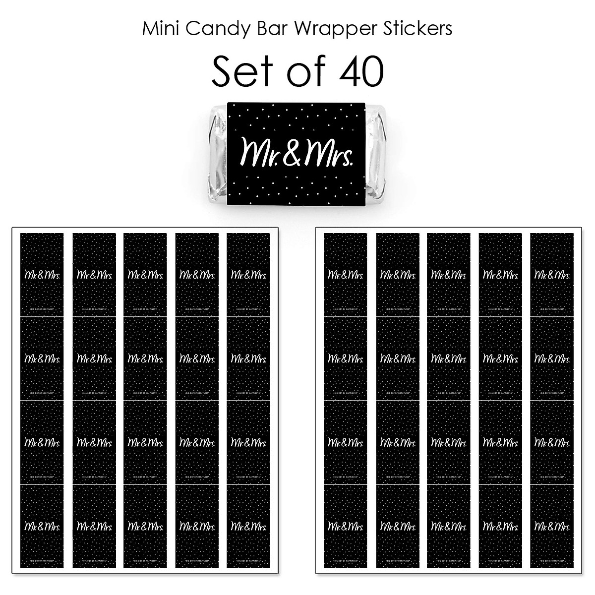 Big Dot of Happiness Mr. and Mrs. - Mini Candy Bar Wrapper Stickers - Black and White Wedding or Bridal Shower Small Favors - 40 Count