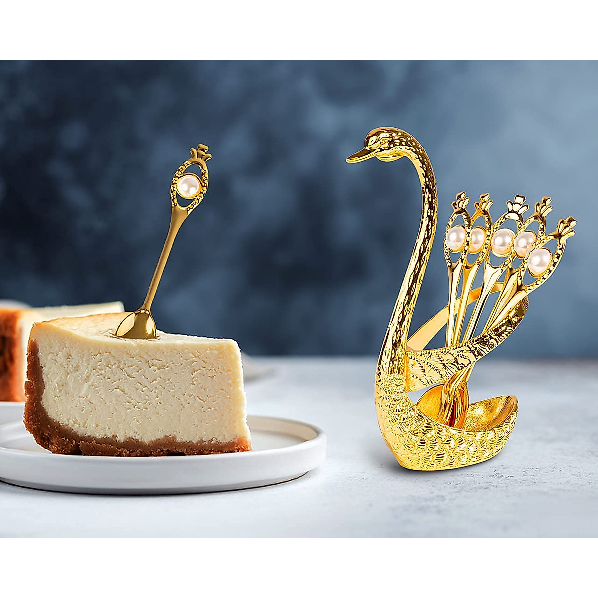 Coffee Spoon Set, Metal Swan Base Holder Dessert Spoon Organizer with 6pcs Spoons Teaspoon Dessert Flatware Set for Coffee Fruit Dessert Ice Cream Cake (Gold)