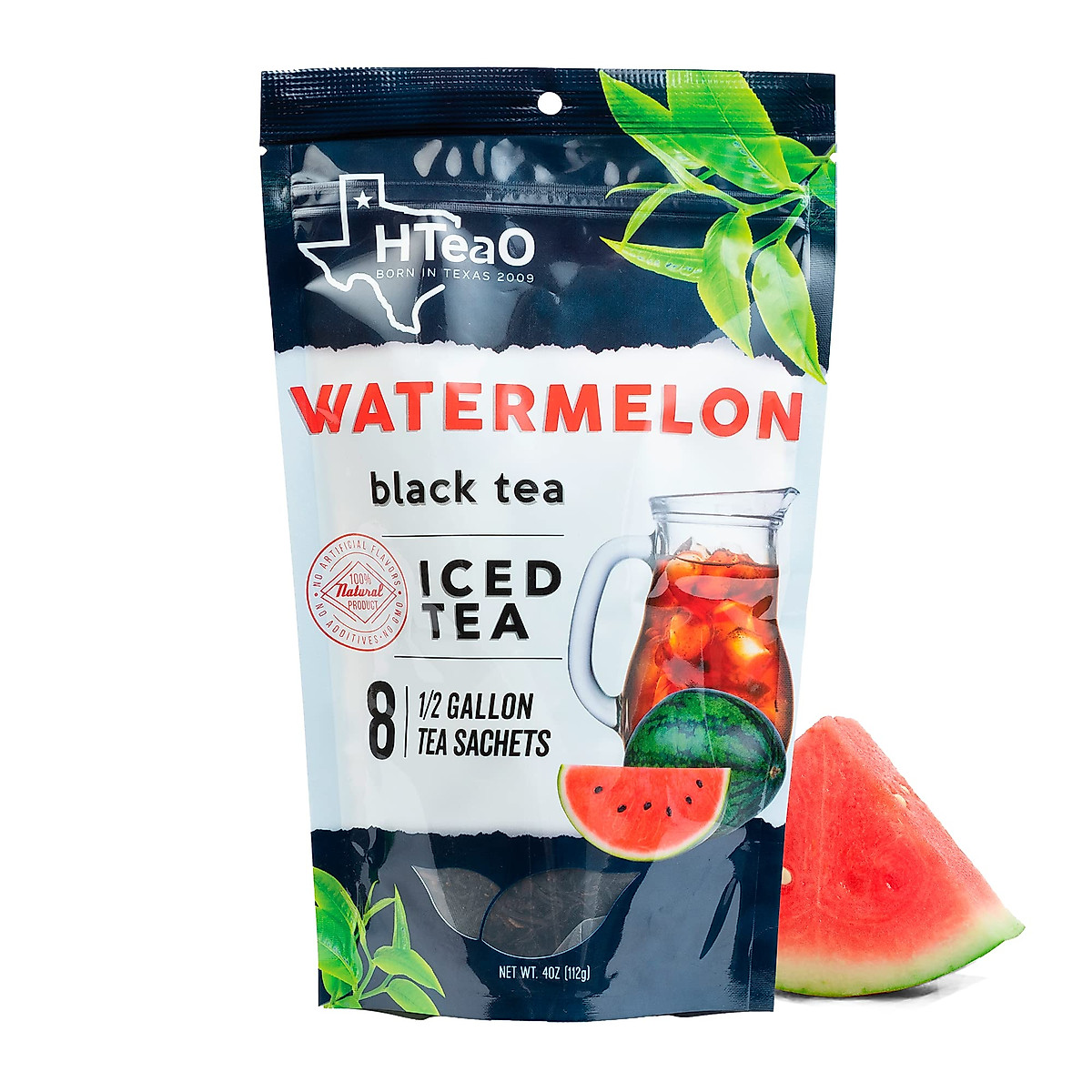 HTeaO Iced Tea Sachets - Watermelon Black Tea Mix for Cold Brew - 4 Gallons Per Package - Real Texas-Style Flavored Iced Tea in 5 Minutes (Pack of 8 Sachet Bags)