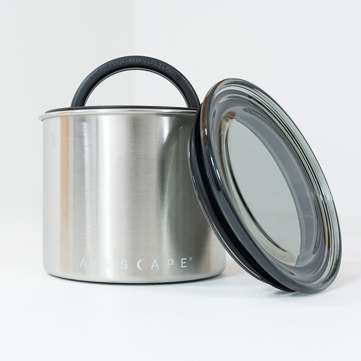 Planetary Design Airscape Stainless Steel Coffee Canister | Food Storage Container | Patented Airtight Lid | Push Out Excess Air Preserve Food Freshness (Small, Brushed Steel)