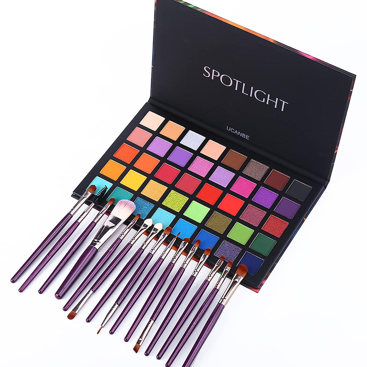 UCANBE Spotlight Eyeshadow Palette + 15 PCS Eye Brushes Makeup Set, Professional 40 Color Matte Shimmer Glitter Eye Shadow Pallet Highly Pigmented Waterproof Long Lasting Make up Pallete
