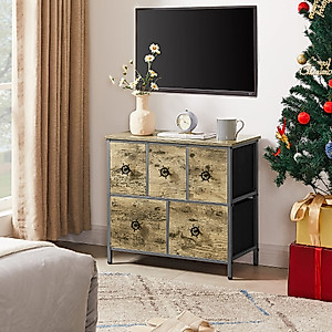 VECELO Dresser for Bedroom with 5 Drawers, Small Chest of Drawers for Living Room, Nursery, Entryway, Fabric Furniture Clothes Storage Tower with Steel, Wood Top, Grey