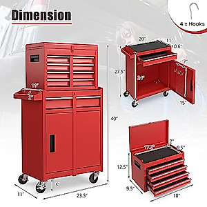 DORTALA 2 in 1 Tool Chest & Cabinet w/ 5 Sliding Drawers, Rolling Garage Box Organizer, Lockable Tool Box, Detachable Tool Organizer, Tool Cabinet Cart Workshop Trolley on Wheels, Red