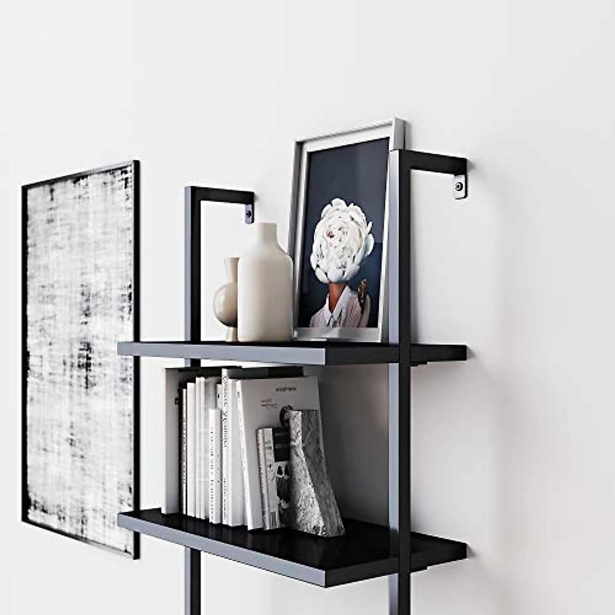 Nathan James Theo 5-Shelf Black Modern Bookcase, Open Wall Mount Ladder Bookshelf with Industrial Metal Frame