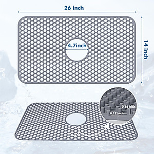 Bestjing Silicone Sink Mat - Protectors for Kitchen Sink with Center Drain, 26"x 14" Kitchen Sink Grid, Non-Slip Heat-Resistant Sink Mat for Bottom of Farmhouse Stainless Steel Sink (Center Hole)