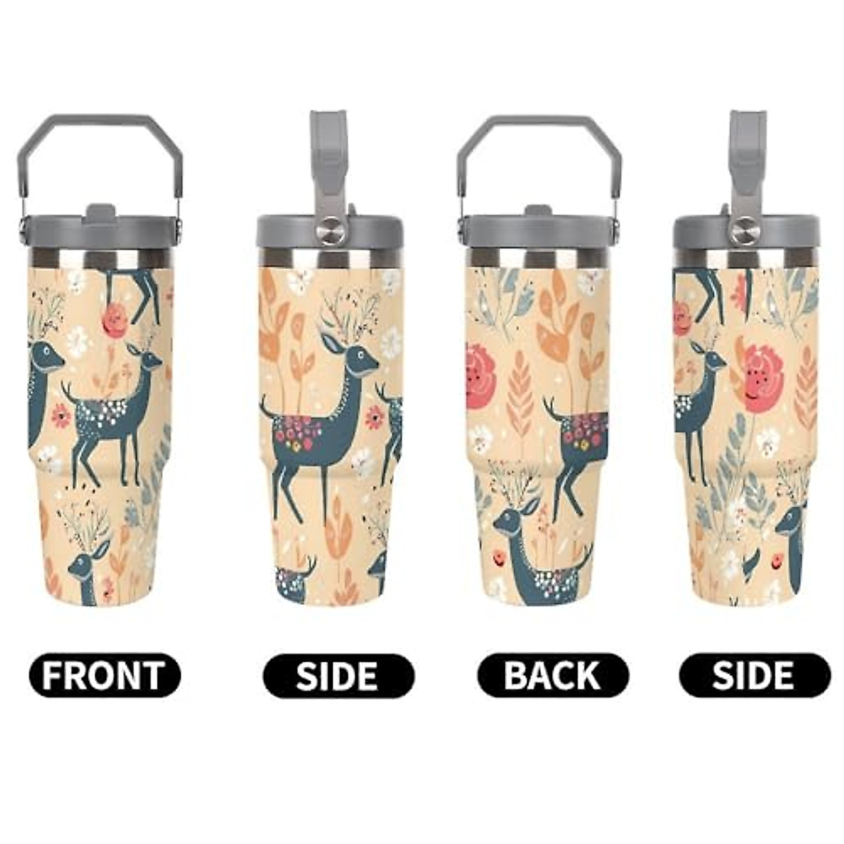 30oz Stainless Steel Insulated Tumbler with Flip Lid & Straw, Leakproof Travel Mug for Car, Deer Pattern Double Wall Vacuum Thermal Coffee Cup with Handle, Spill-Proof Design for Hot/Cold Drinks