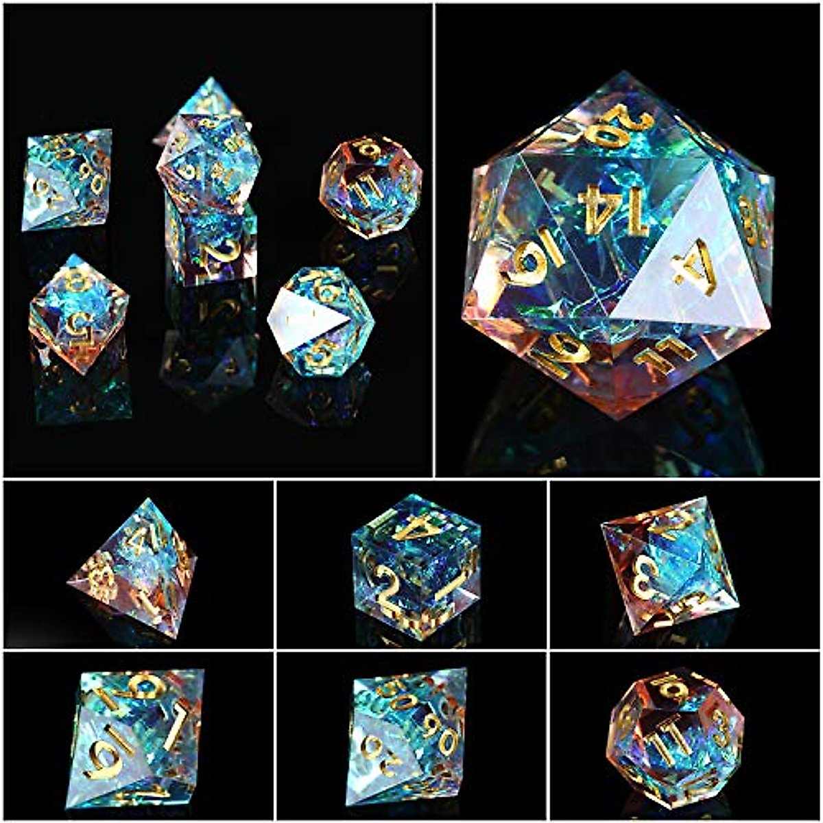 AUSPDICE DND Dice Set Handmade 7Pcs Sharp Edge Dice for Dungeons and Dragons TTRPG Games(Mix Blue&Brown Color)