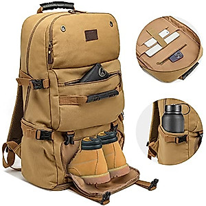 TUGUAN 50/60L Travel Backpack, Laptop Backpack for Men Large Capacity Outdoor Tactical Hiking Backpack with Shoe Compartment Expandable Canvas Rucksack for Travel Camping Climbing, Brown