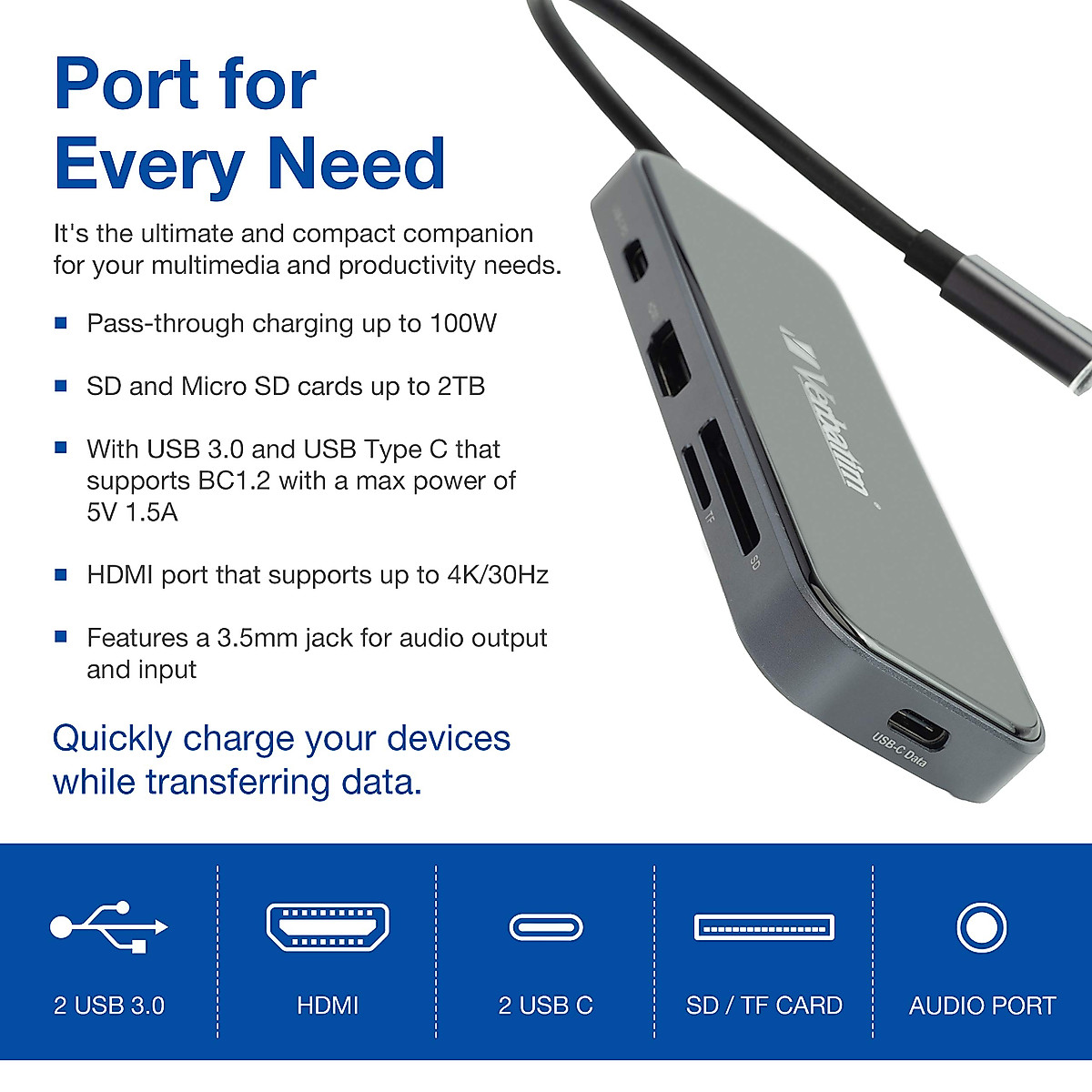 Verbatim 8-in-1 USB C Hub w/Dongle - USB Hub for Laptop w/ 100W PD, 2 USB 3.0 Ports, 2 USB C Ports, SD Card Readers, HDMI, 3.5mm Audio Port, Compact USB-C Hub