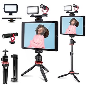 Movo Tablet Vlogging Kit for iPad - iPad Vlogging Kit with Tablet Holder, Compact Tripod, Microphone, LED Light, Cold Shoe Extension - YouTube Starter Kit with iPad Tripod Mount for Video Recording