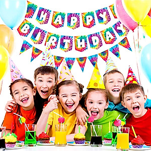 2 Pieces Tie Dye Birthday Party Supplies Happy Birthday Pennant Banner for Tie Dye Party Art Retro 60s 70s Theme Hippie Carnival Baby Shower Birthday Party Decorations