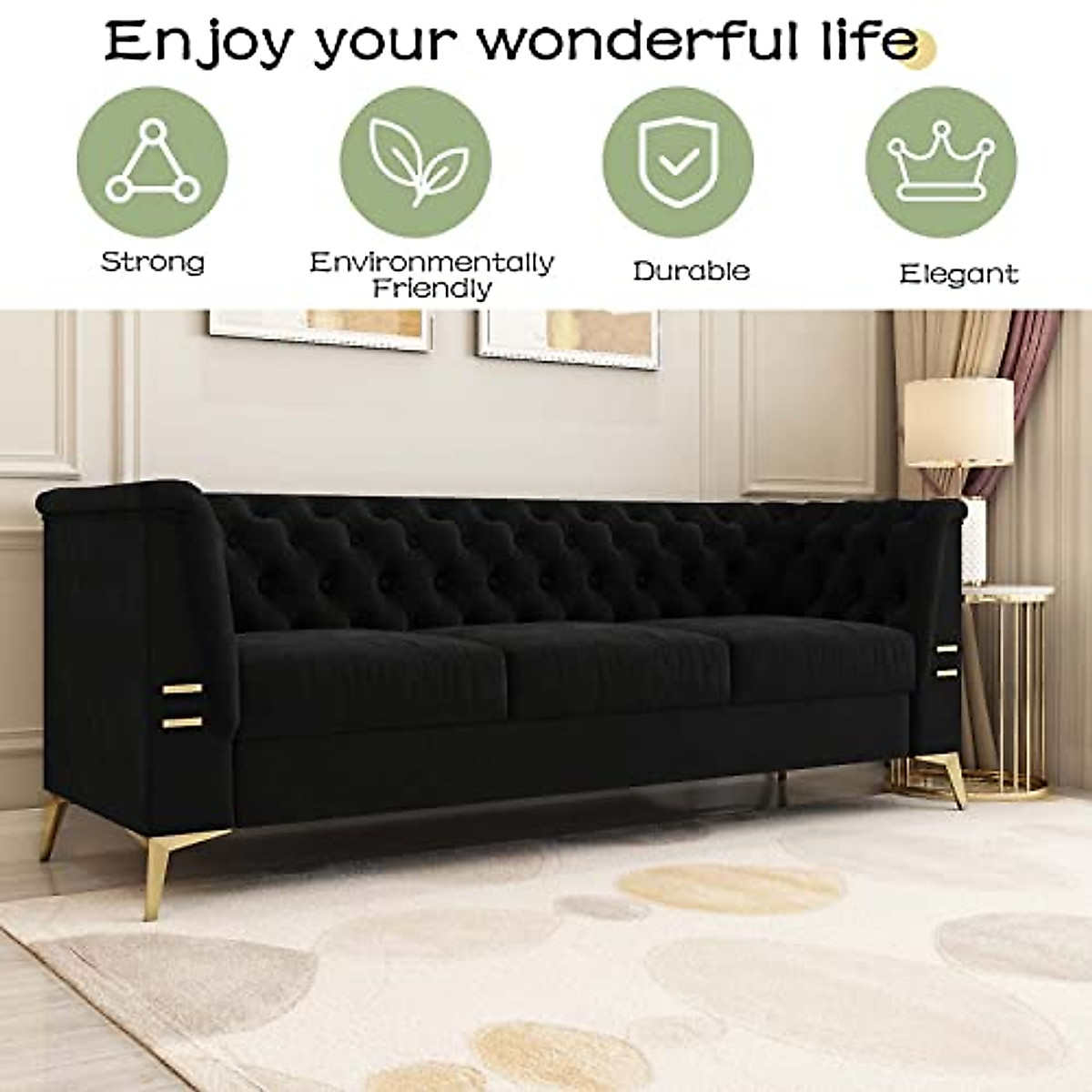 Gooamz Black Velvet Couch Sofa, 82 Inch Wide Modern Tufted Chesterfield Sofa with Flared Arms and Golden Metal Legs, Upholstered 3-Seater Sofa Large Comfy Couches for Living Room (Black)