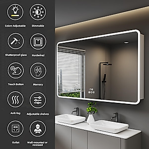 HBEZON Medicine Cabinet with LED Lights and Mirror, 60 x 36 Inch Surface and Recessed Mounted Bathroom Cabinet with Door, Adjustable Shelf, Defogger, Memory Function, 3-Color Mode, Outlet&USB, Dimmer