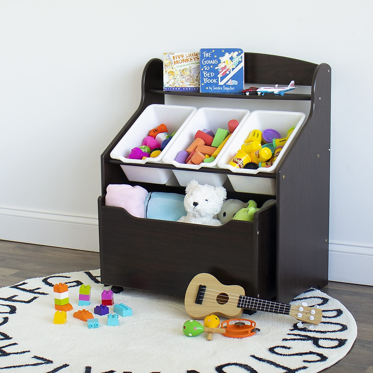 Humble Crew Toddler-Size Storage Unit with Rolling Toy Box, Espresso & White