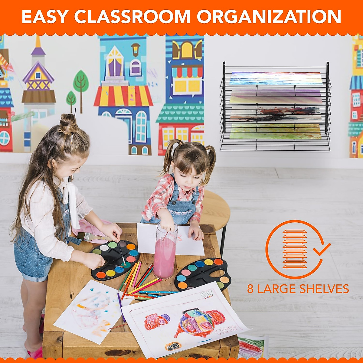 Zoom Wall Mounted Art Drying Rack for Classroom Organization, Kids Artwork Storage, Elementary Classroom Must Haves Teacher Toolbox, Art Cart Art Organizer, Print Rack for Artwork (8 Shelves)