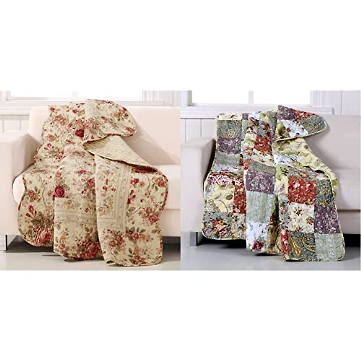 Greenland Home Antique Rose Throw Blanket, Full, Ecru & Blooming Prairie Throw Blanket, Full, Multi