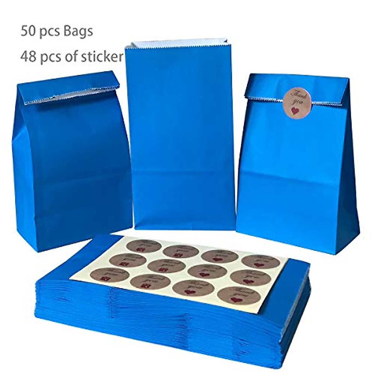 Party Favor Bag 50 pcs Food Safe Paper and Ink, Natural (Biodegradable), Vivid Colored Self-Stand Buffet Bags, Bottom Square Paper Treat Bag. with 60 pcs Stickers 1.5 inch. (Blue)…