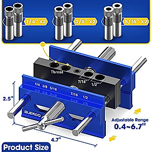 BLEKOO Upgraded 6.7 inch Self Centering Doweling Jig Kit, Drill Jig For Straight Holes Biscuit Joiner Set With 6 Drill Guide Bushings, Adjustable Width Drilling Guide Power Tool Accessory Jigs (Blue)