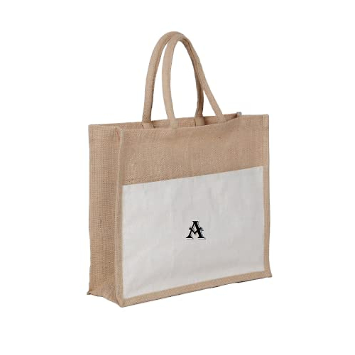 Globyz Jute Tote Bags With Canvas Pocket and Handles For Gifts Jute Bag With Initials Letter Printed Premium Tote Bag (A)