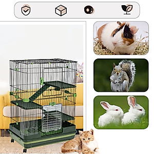Gecheer 4-Tier 32" Small Animal Metal Cage Height Adjustable with Lockable Casters Grilles Pull-Out Tray for Rabbit Chinchilla Ferret Bunny Guinea Pig Squirrel Hedgehog Green