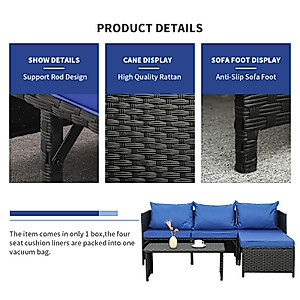 Valita 3-Piece Outdoor PE Rattan Furniture Set Patio Black Wicker Conversation Loveseat Sofa Sectional Couch Royal Blue Cushion