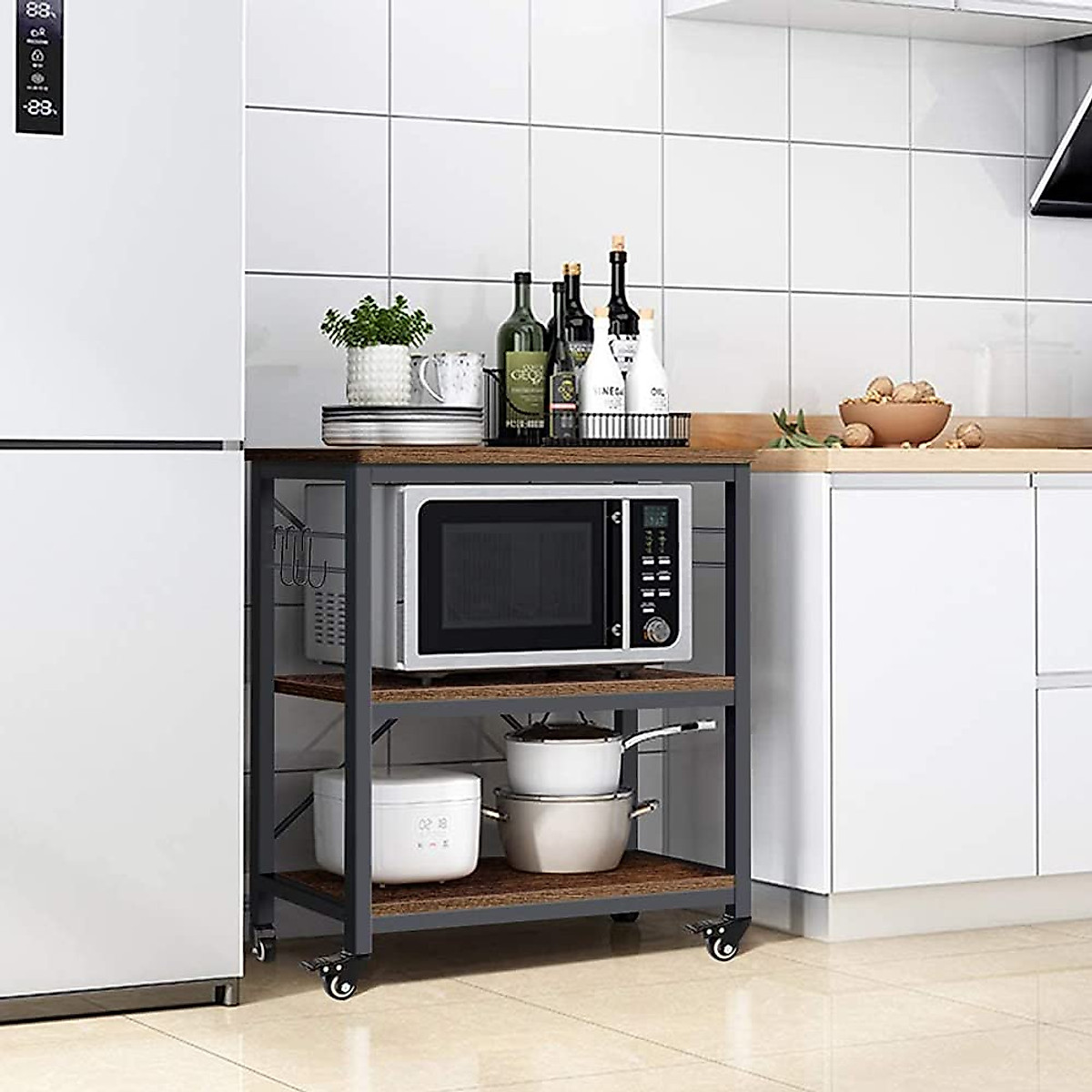 AZL1 Life Concept Kitchen Microwave Cart 3-Tier Kitchen Utility Cart and Rolling Bakers Rack with 5 Hooks for Living and kitchen room,23.72 inches, Rustic Brown