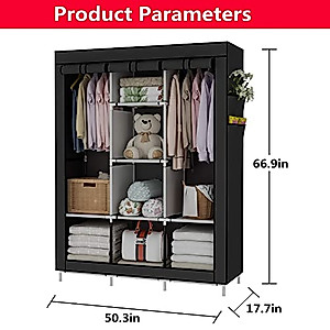 UDEAR Portable Wardrobe Shoe Rack Bundle,Closet Clothes Organizer with 6 Storage Shelves, 2 Hanging Sections and 4 Side Pockets,6-Tier Portable Free Standing Shoe Organizer,with Dustproof Cover,Black