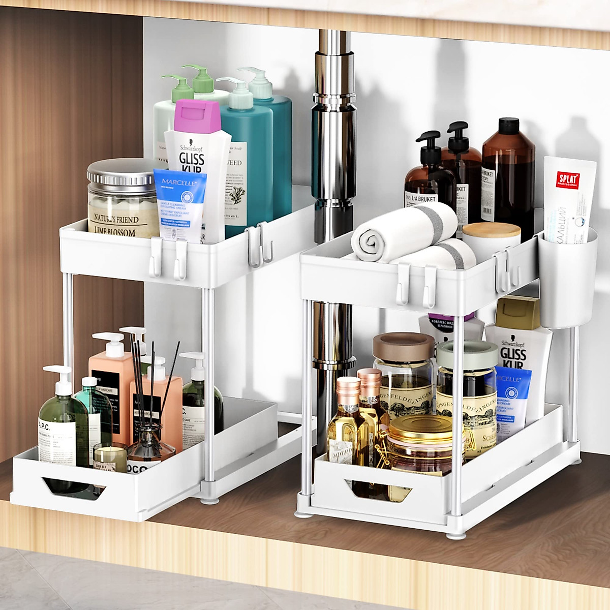 Fkprorjv Under Sink Organizers and Storage, 2 Pack Kitchen Bathroom Sink Organizer with Hooks, 2 Tier Under Sink Cabinet Basket Storage Shelf with Sliding Drawers, White