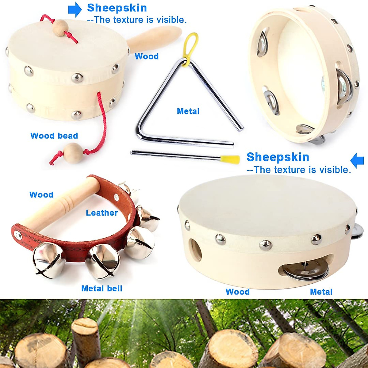 Tuoveek Wooden Musical Instruments Set,Percussion Instrument Kit for Kids Baby,Rhythm Device for Preschool Education,Family Band Include Maracas,Tambourine,Castanet,Steel Triangle,Cloth Basket