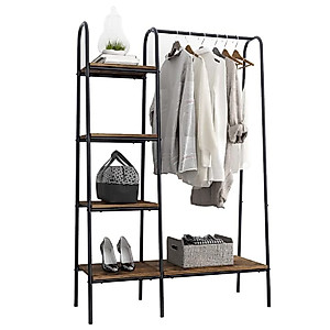 DlandHome Free-Standing Garment Clothing Racks, Home Metal Clothing Rack with 4-Tier Storage Shelves and Hanging Rod Closet Storage Organizer Clothing Rack for Bedroom Living Room Entryway