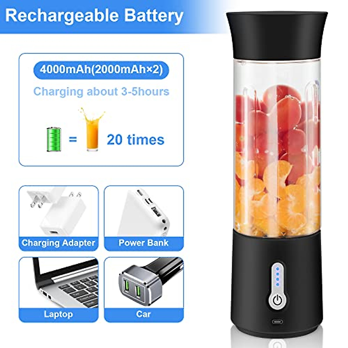 Personal Size Portable Blender - 17Oz USB Rechargeable Blender with 6 Blades | Portable Cup Lid For Outdoors Sports Travel Blender | BPA-Free Plastic Blender Cup For Shakes and Smoothies, Fresh Juice