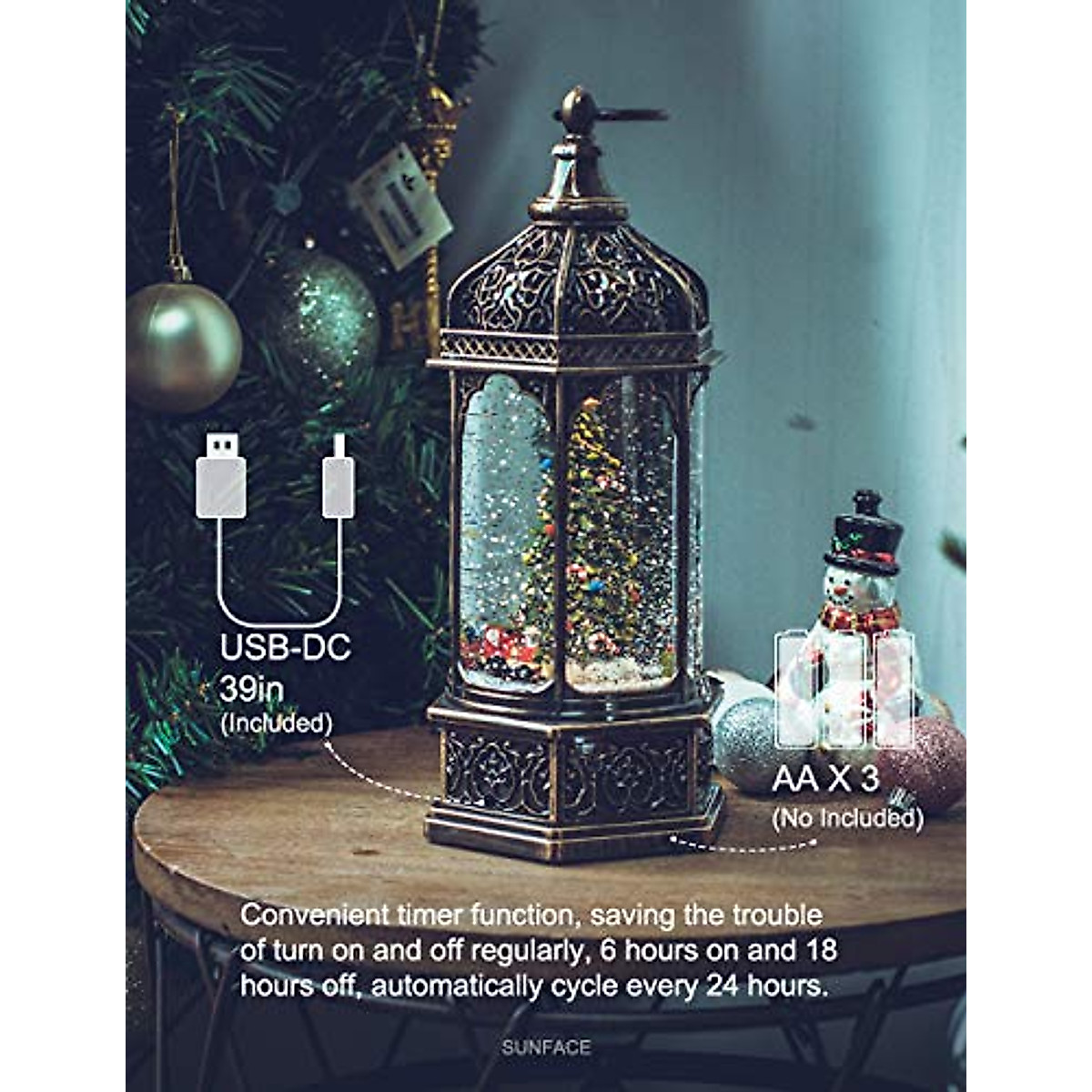 Christmas Snow Globe Lantern 11",USB & Battery Operated Lighted Swirling Glitter Water Lantern with Timer for Christma Home Decoration (Trees)