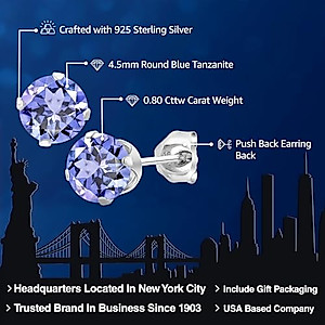 Gem Stone King 925 Sterling Silver Tanzanite Stud Earrings For Women (0.80 Cttw, Gemstone Birthstone, Round Cut 4.5MM)