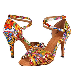 JUODVMP Women's Latin Salsa Shoes Colorful Print Satin Cross-strap 4 inch heel Ballroom Heels,9US