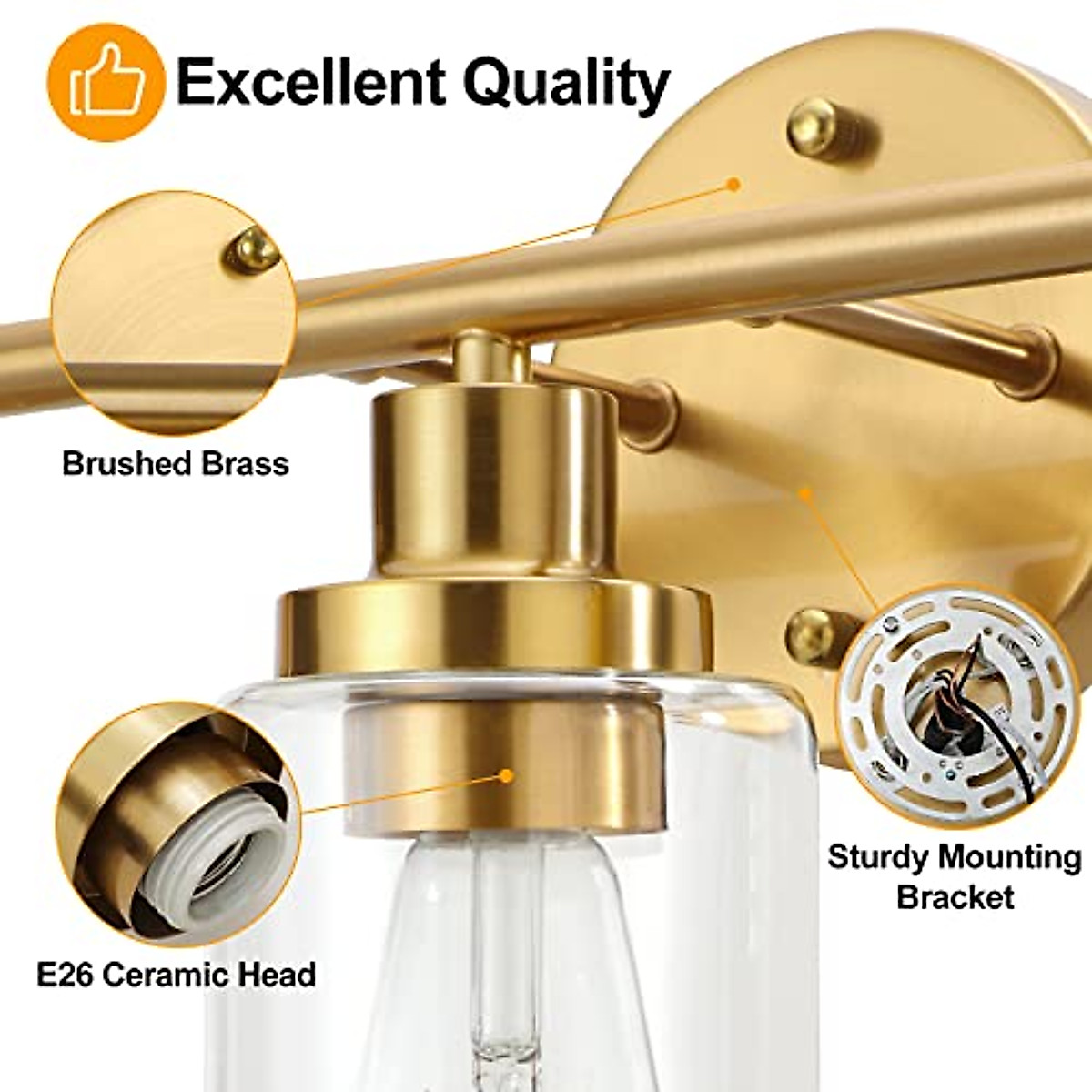 Watyo Bathroom Light Fixtures Gold Vanity Light 3 Light Wall Sconces Lighting Brushed Brass Bathroom Lights with Clear Glass Shades Bath Wall Lights Wall Lamp for Mirror Kitchen