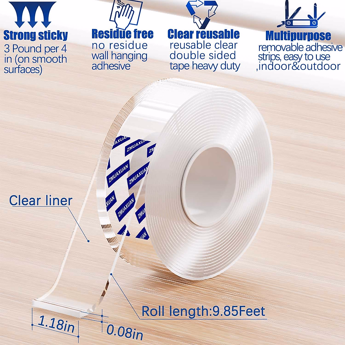ZMUAXUAN Strong Nano Double Sided Tape Heavy Duty Mounting,Clear Removable Sticky Adhesive Strips No Damage Wall,Waterproof Reusable Thick Gel Grip Washable for Hanging Picture,Poster,Carpet,Photo