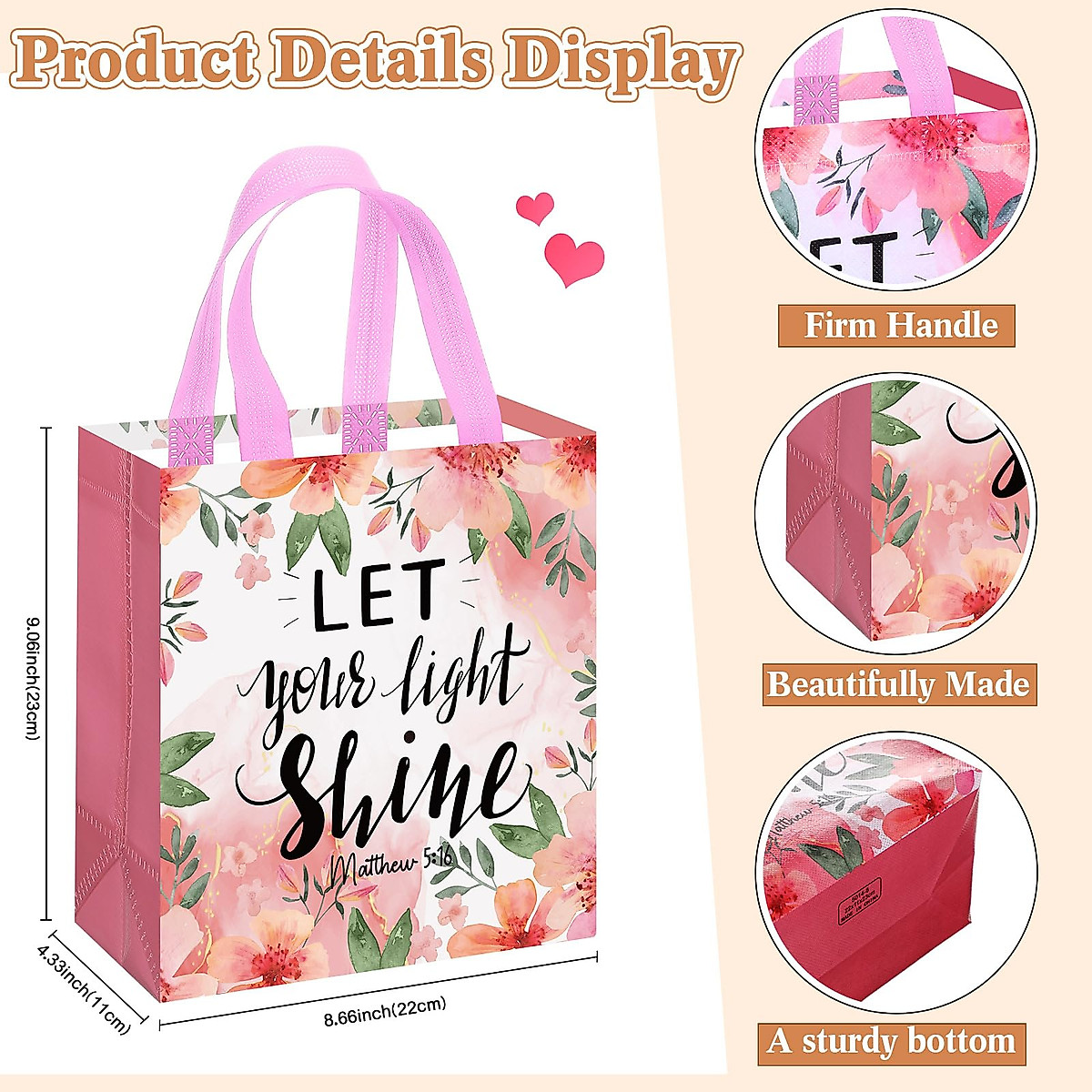 Riakrum 32 Pcs Bible Verse Flower Gift Bag with Handles Religious Reusable Gift Bags Bulk Christian Baptism Tote Bags Non Woven Gift Bags for Women Wedding Birthday Gift Wrapping Bags