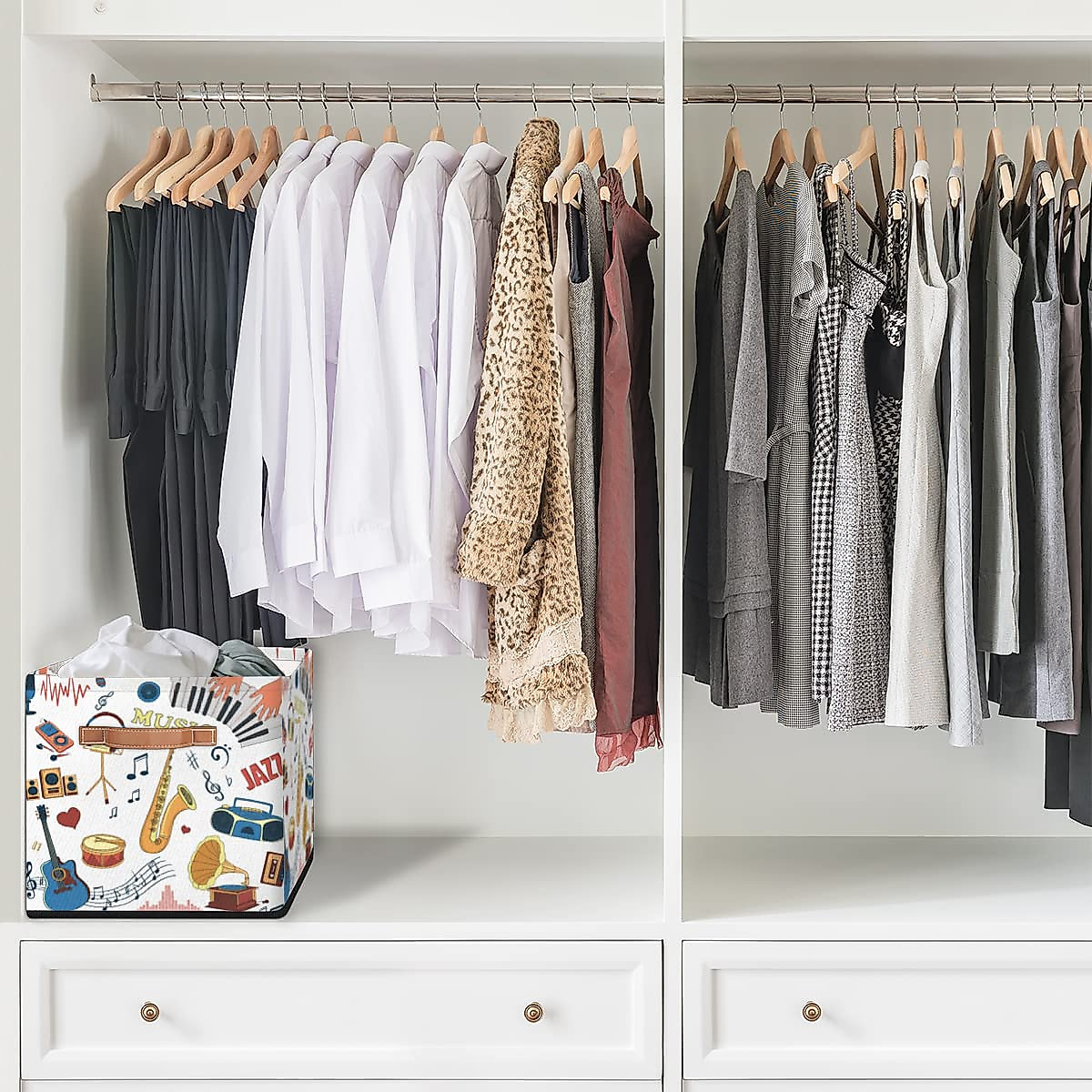 OMFUNS Music Piano Storage Basket 13x13 Musical Instruments Collapsible Cube Storage Bin with Handle Fabric Storage Box Organizing for Closet Shelf Home Office Dorm Nursery Toy Basket