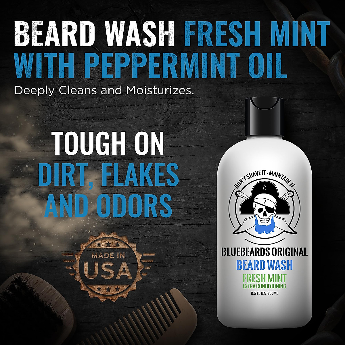 Bluebeards Original Fresh Mint Beard Care for Men, 8.5 oz. - Natural Peppermint Oil Formula for Deep Cleansing, Softening, and Conditioning Beard and Skin - Made in USA