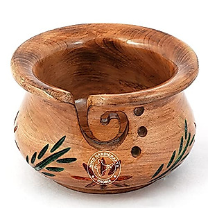 Hind Handicrafts Floral Handcrafted Wooden Portable Yarn Storage Bowl - Solid Dark Handmade Crafted - Holder for Knitting Crochet Hook Accessories - Bag Included (Design-1, 6" x 6" x 4")