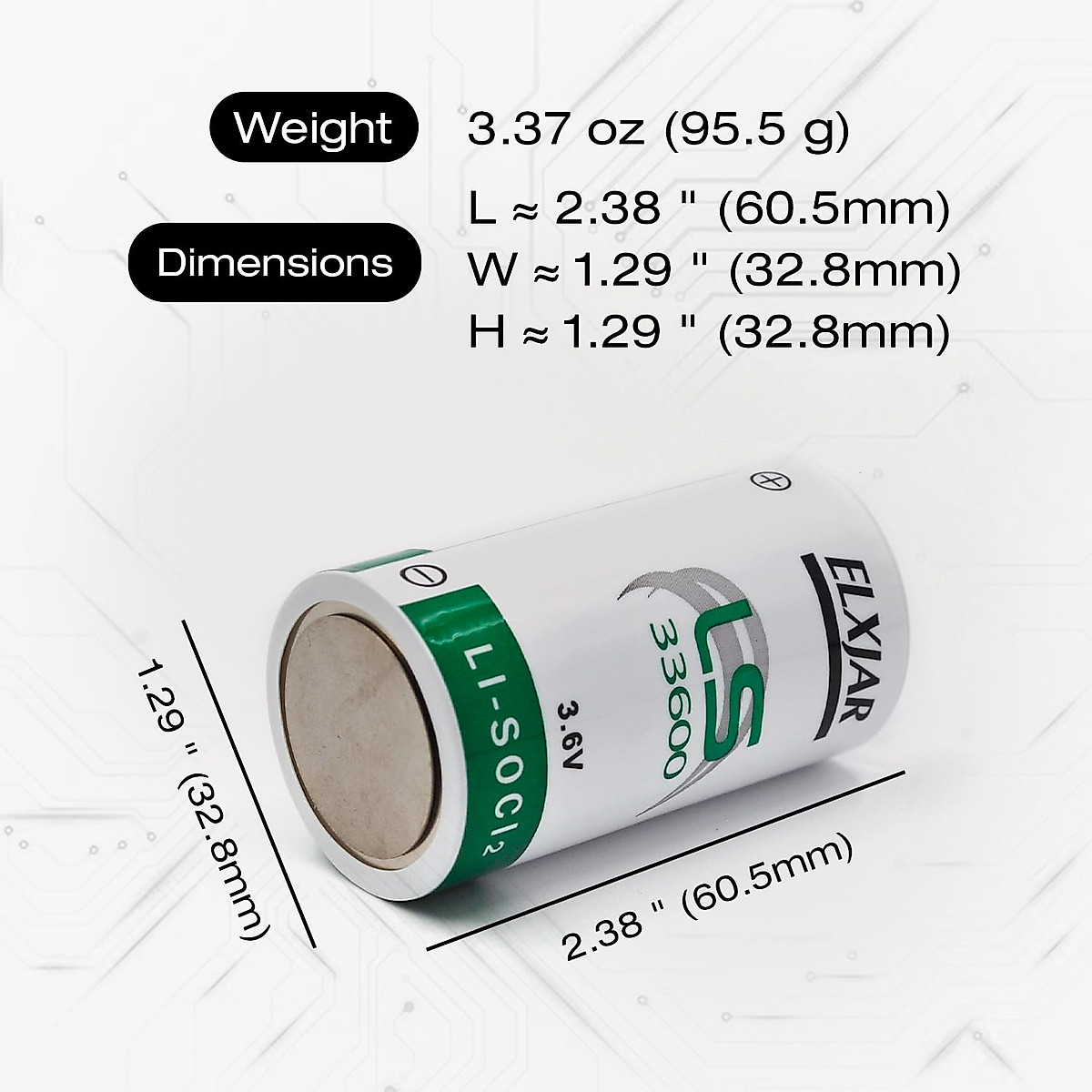 elxjar (2-Pack) 3.6V 19Ah LS33600 D Size Lithium Thionyl Chloride Battery, Replacement for SAFT LS33600, ER34615, Smart Munitions, Unattended Sensors, RFID Tracking