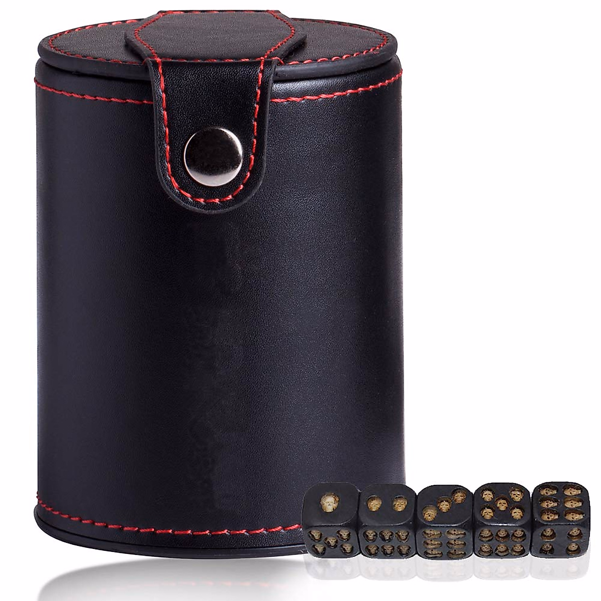 Red Lining Leather Professional Dice Cup with 5pcs Black Mini Death Skull Dice for Party Playing Drinking Death Table Game Party Tool