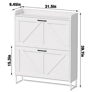 EOYUTLLY Shoe Cabinet Storage for Entryway, Narrow Shoe Rack Cabinet with 2 Flip Drawers, Freestanding Hidden Shoe Rack Storage Organizer, White with Metal Legs